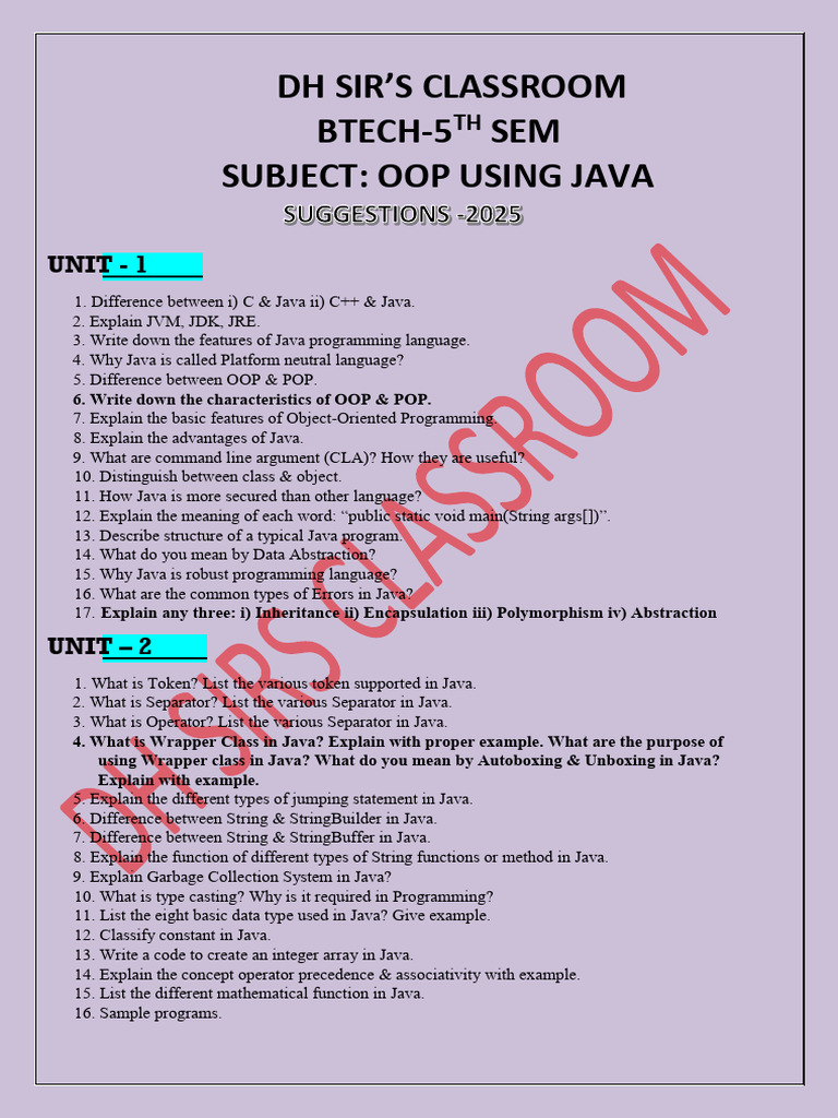 Oop Using Java -2025- Model Questions-dh Sirs Classroom | PDF ...