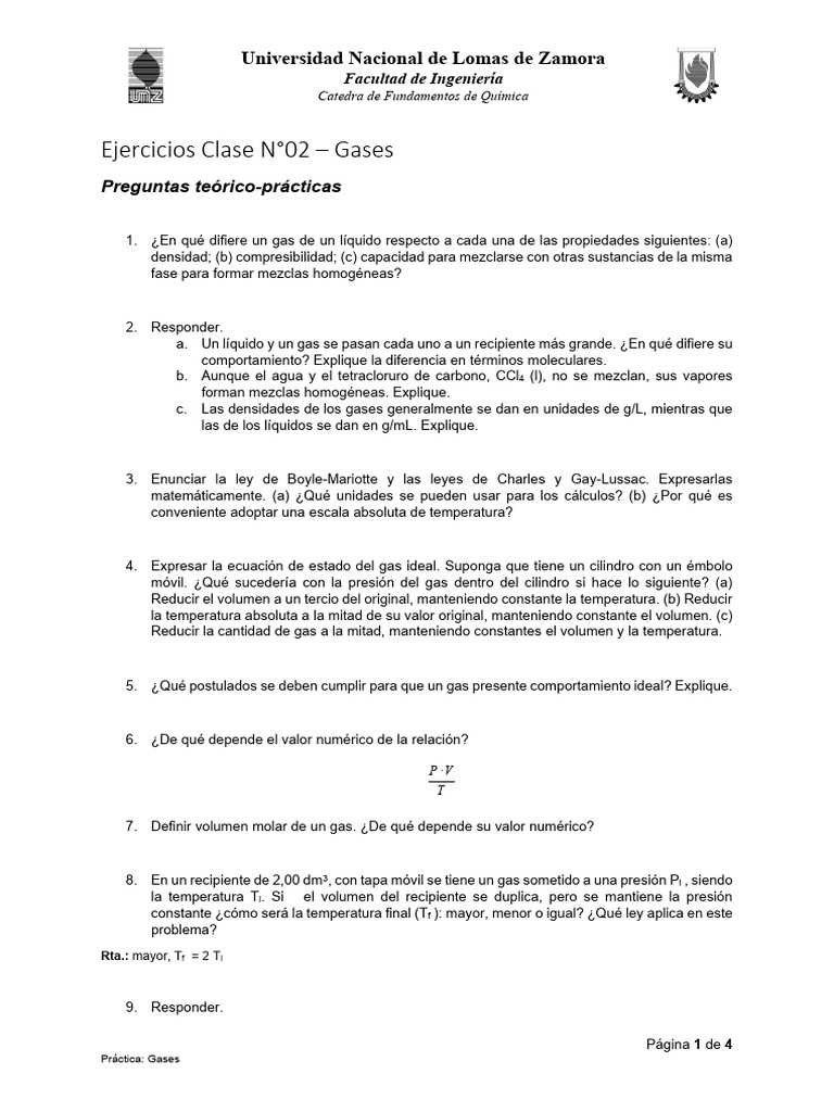 02 - Práctica Clase - Gases Ideales | PDF | Gases | Química