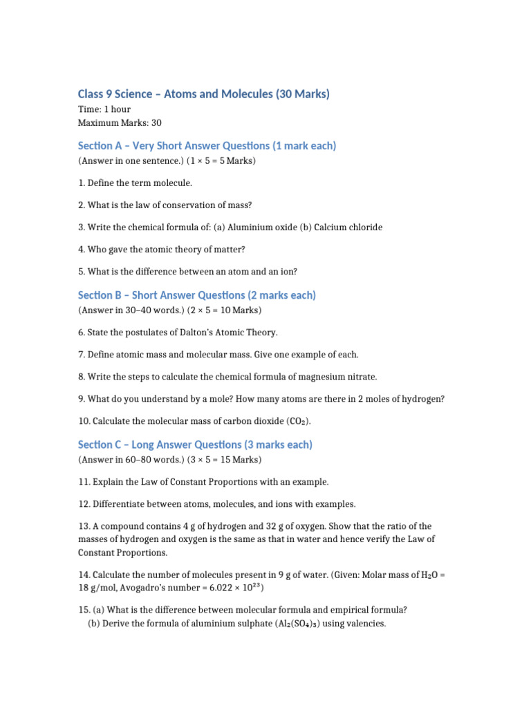 Class 9 Science: Atoms and Molecules Guide | PDF