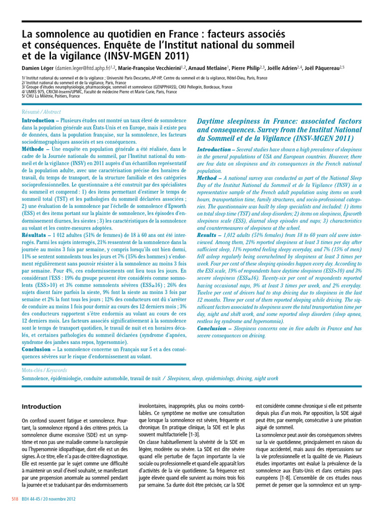 Somnolence diurne en France : étude 2011 | PDF | Sommeil | Spécialités ...