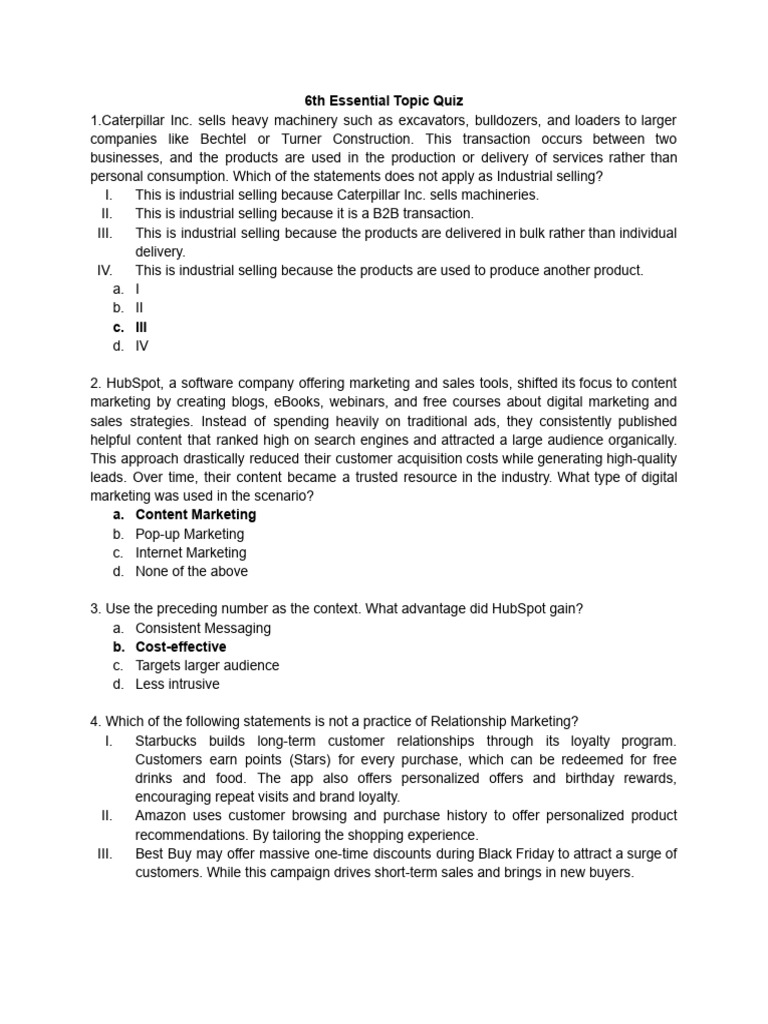 Essential Business Marketing Quiz | PDF | Sales | Marketing
