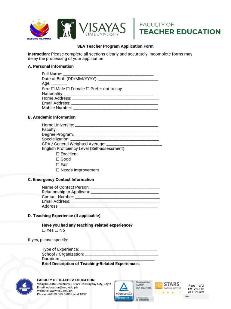 SEA Teacher Program Application Form Final | PDF | Learning
