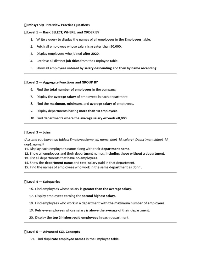 ? Infosys SQL Interview Practice Questions | PDF | Sql | Data ...