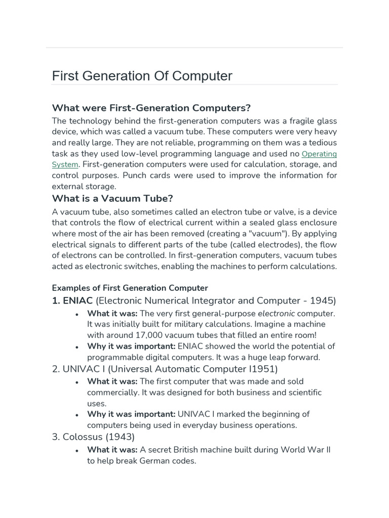 First Generation Computers Explained | PDF | Vacuum Tube | Office Equipment