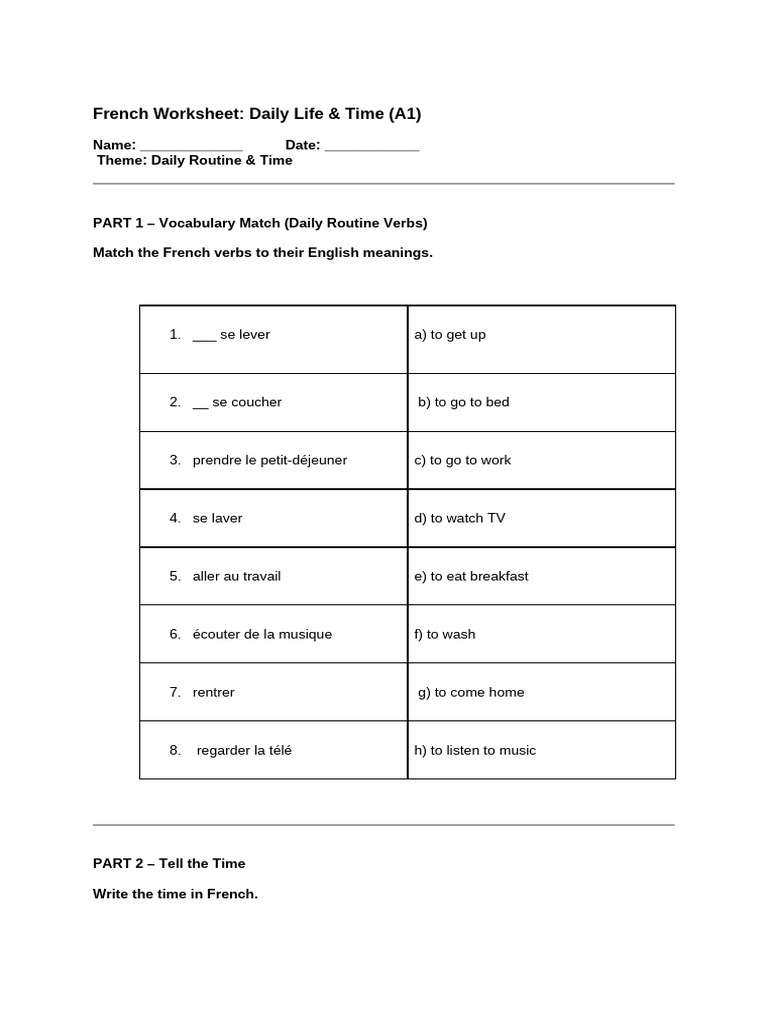 French Daily Life & Time Worksheet | PDF
