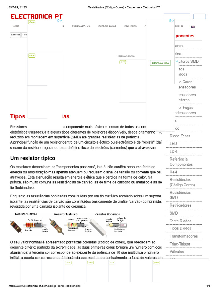 Resistências (Código Cores) - Esquemas - Eletronica PT | PDF | Resistor | Capacitor