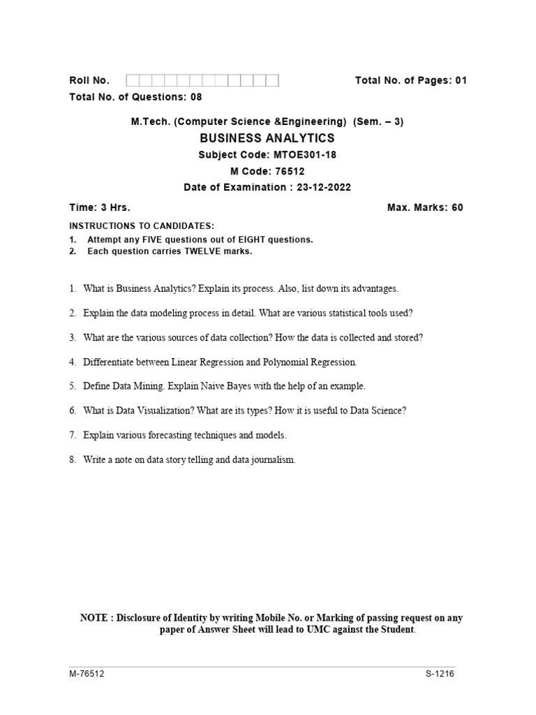 Mtech 3 Sem Cse Business Analytics 76512 Dec 2022 | PDF