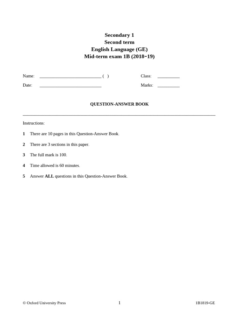 Oe Mid Term Test 1B2018 19 GE | PDF | Thanksgiving Dinner | Foods