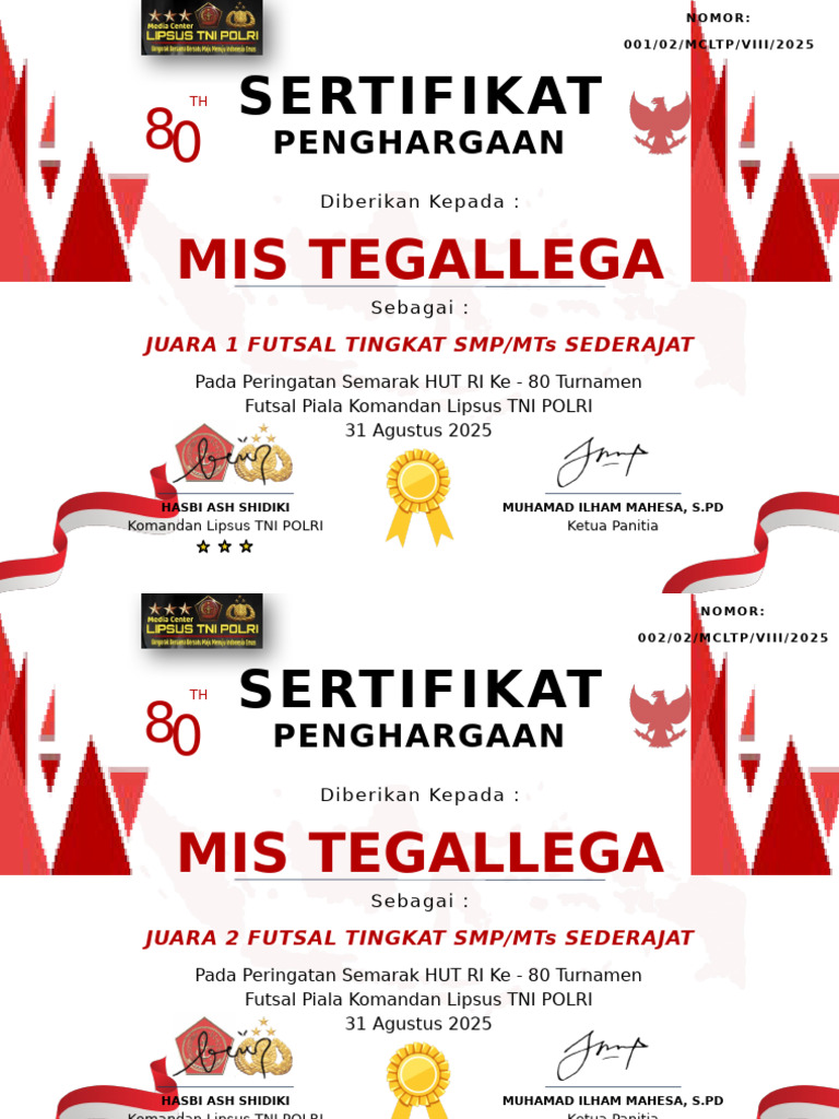 Juara Merah Putih Modern Sertifikat Penghargaan Lomba 31 Agustus ...