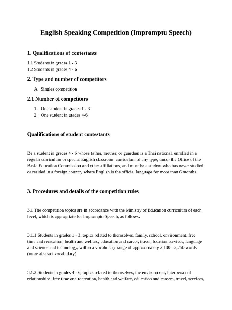 English Impromptu Competition Criteria | PDF | Stress (Linguistics ...