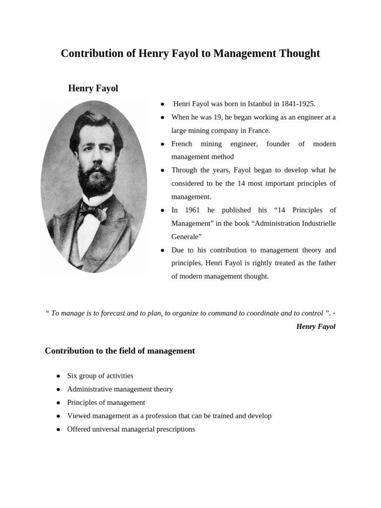 Contribution of Henry Fayol To Management Thought | PDF | Economies ...
