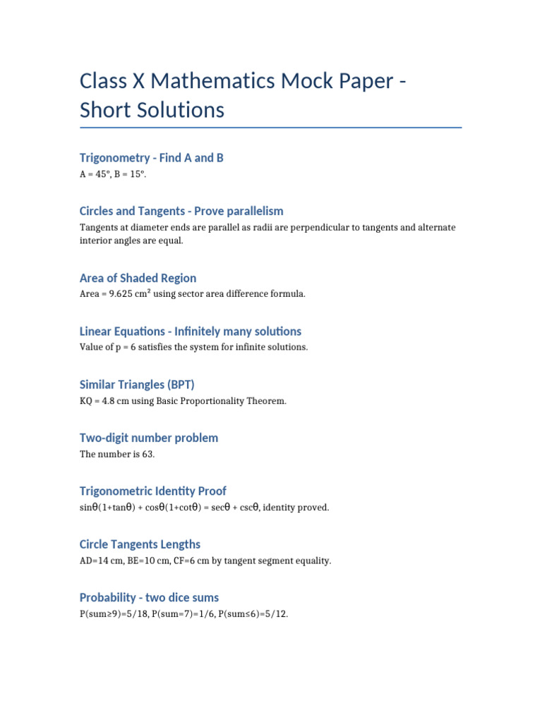 Short Solutions ClassX Math | PDF