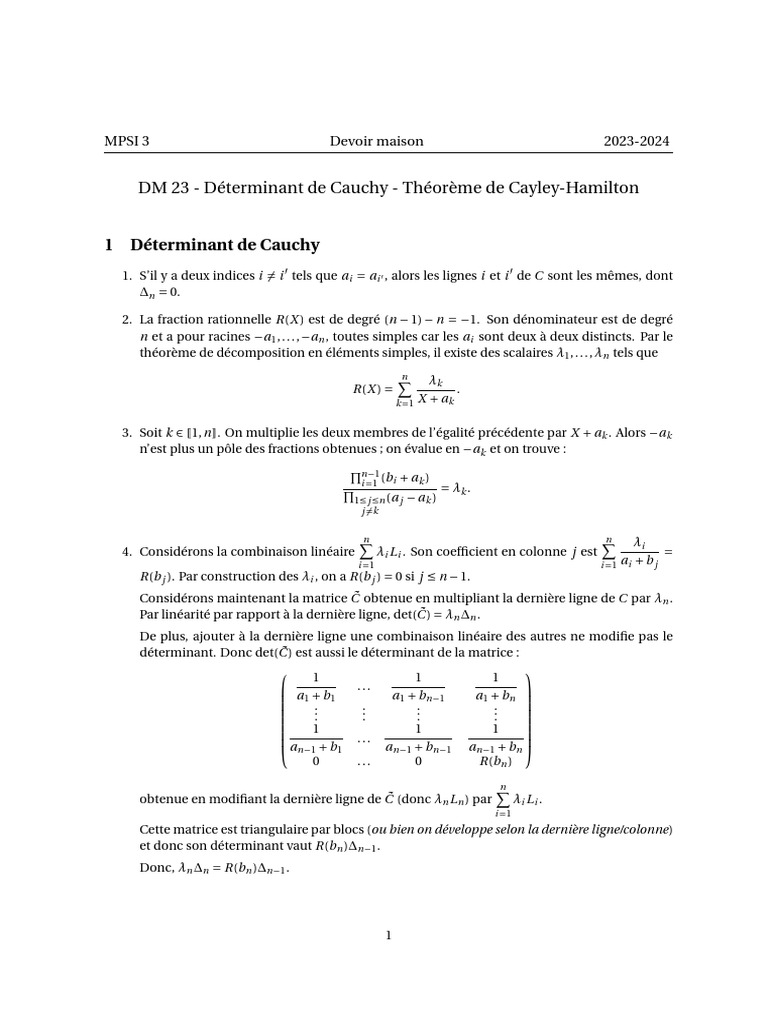 Déterminant de Cauchy et Cayley-Hamilton | PDF | Déterminant | Théories ...