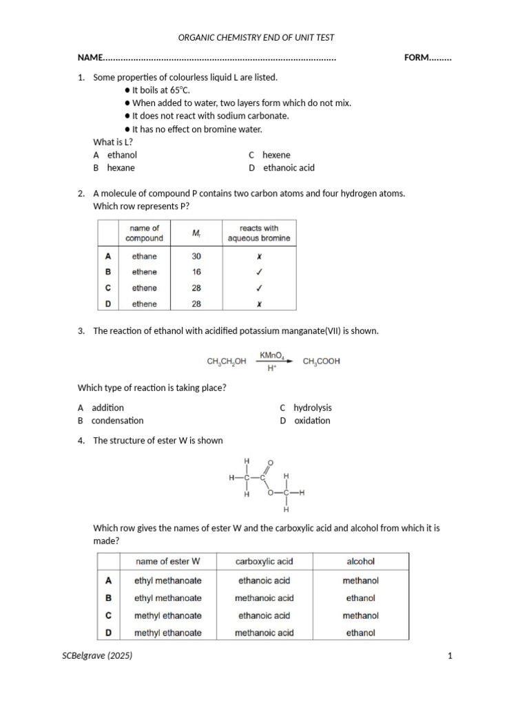 Organic Chemistry Unit Test Questions | PDF | Chemical Compounds ...