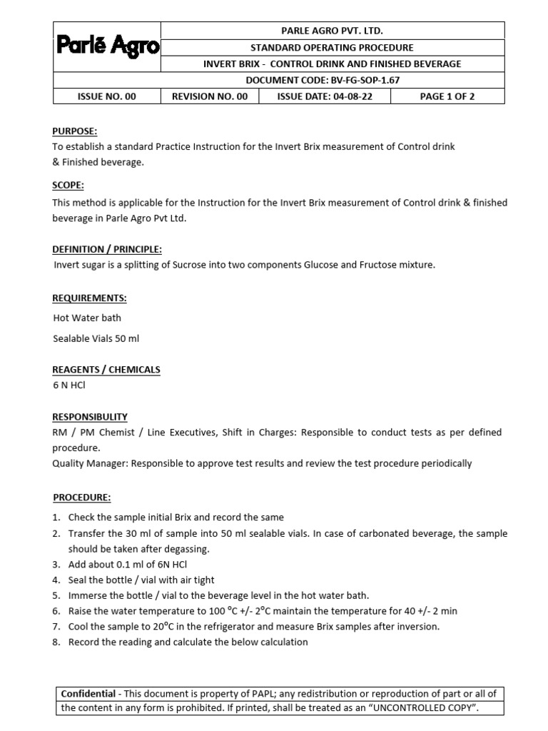 1.67 - SOP For Invert Brix For Control Drink & Finished Beverage 04.08. ...