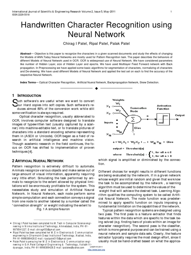 Handwritten Character Recognition Using Neural Network Pdf