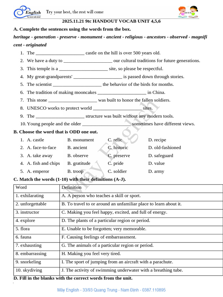 2025.11.21 9tc HANDOUT VOCAB UNIT 4,5,6 | PDF