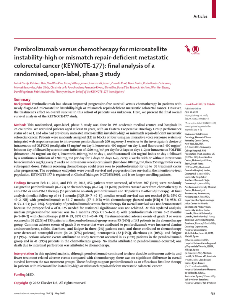 Pembrolizumab vs Chemotherapy in Colorectal Cancer | PDF | Colorectal ...