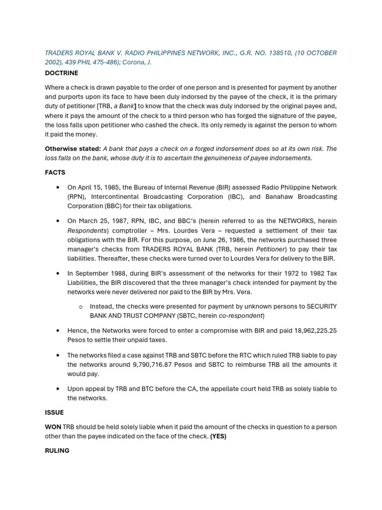 Traders Royal Bank v. Radio Philippines Network Inc. (2002) Case Digest ...