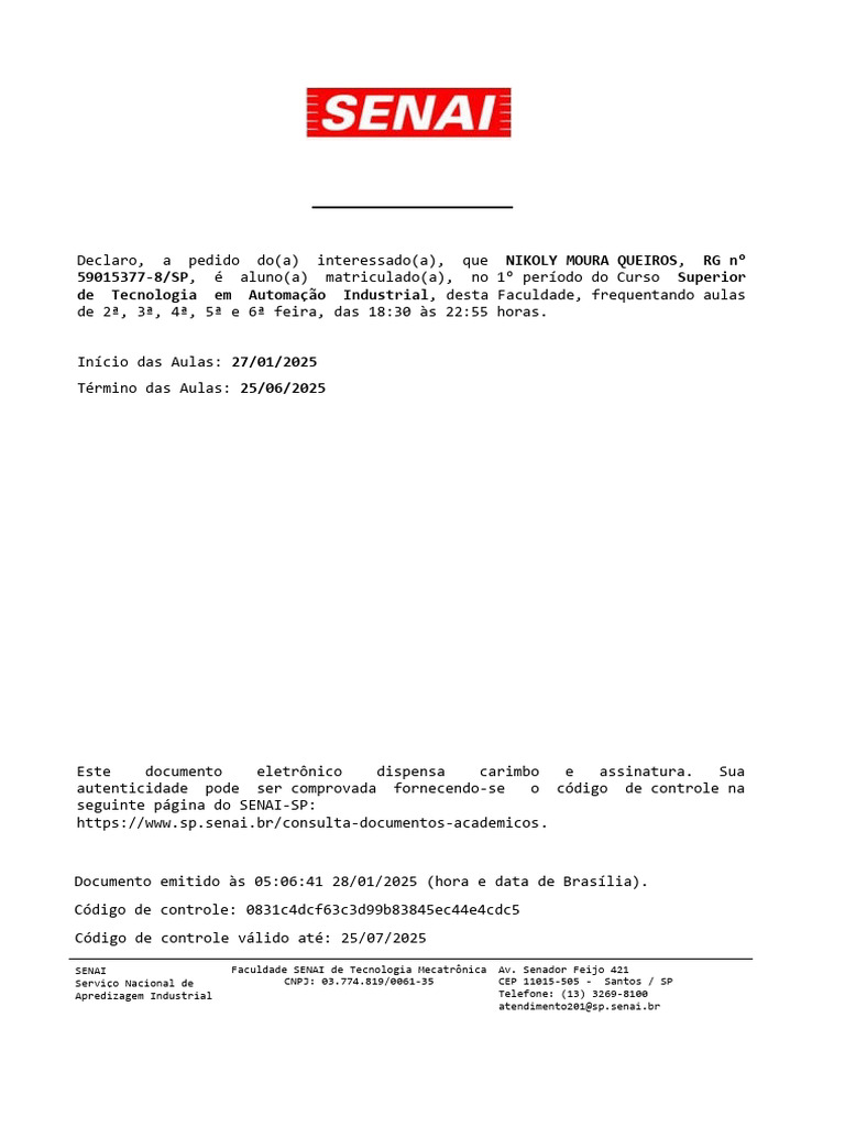 Declaração de Matrícula - Nikoly Queiros | PDF