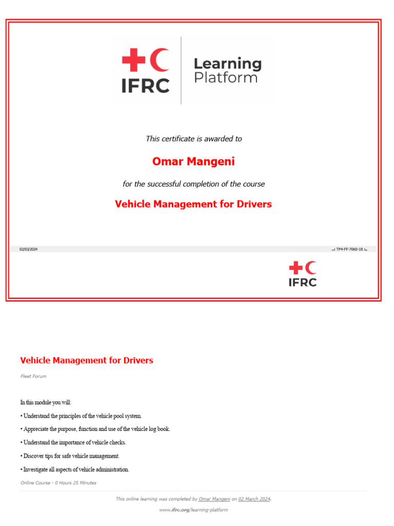 Certificate Vehicle Management For Drivers | PDF