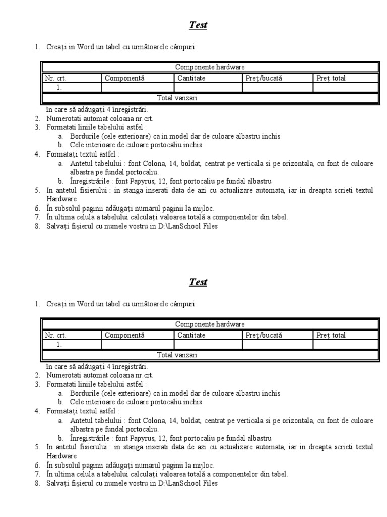 Test Word Tabele | PDF