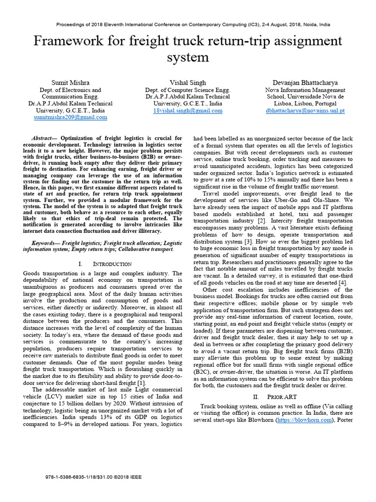 Freight Truck Return-Trip Optimization Framework | PDF | System | Transport