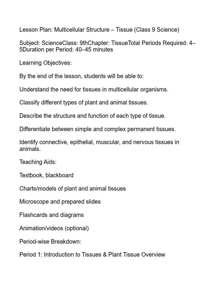 Class 9 Tissue Structure Lesson Plan | PDF | Tissue (Biology) | Muscle