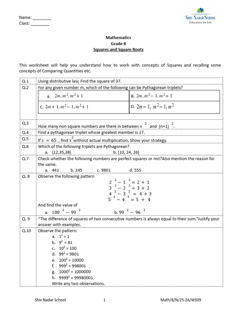 Open Worksheet 9 - Squares & Square Roots | PDF | Interest | Mathematics
