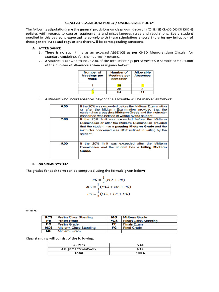 Classroom and Online Class Policies | PDF