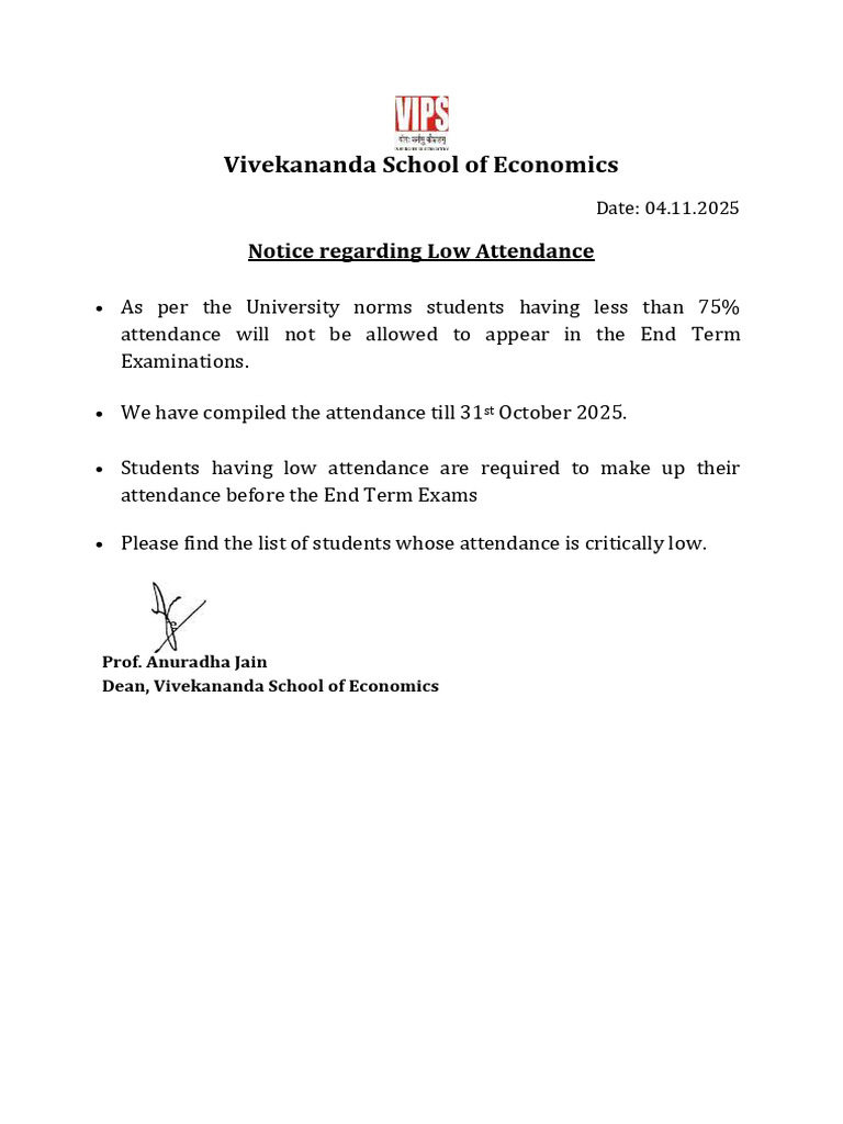 5th Sem Notice Regarding Attendance | PDF