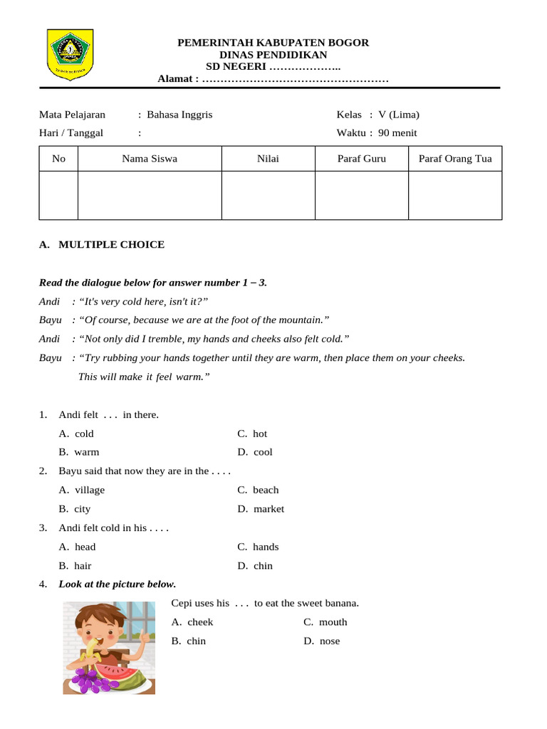 Soal ASAS B. Inggris Kls 5 SMTR 2 TP 24-25 | PDF | Zebra