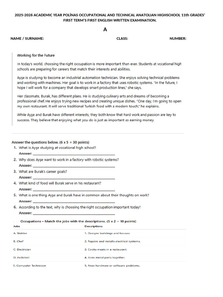 2025-2026 English Exam for 11th Grade | PDF