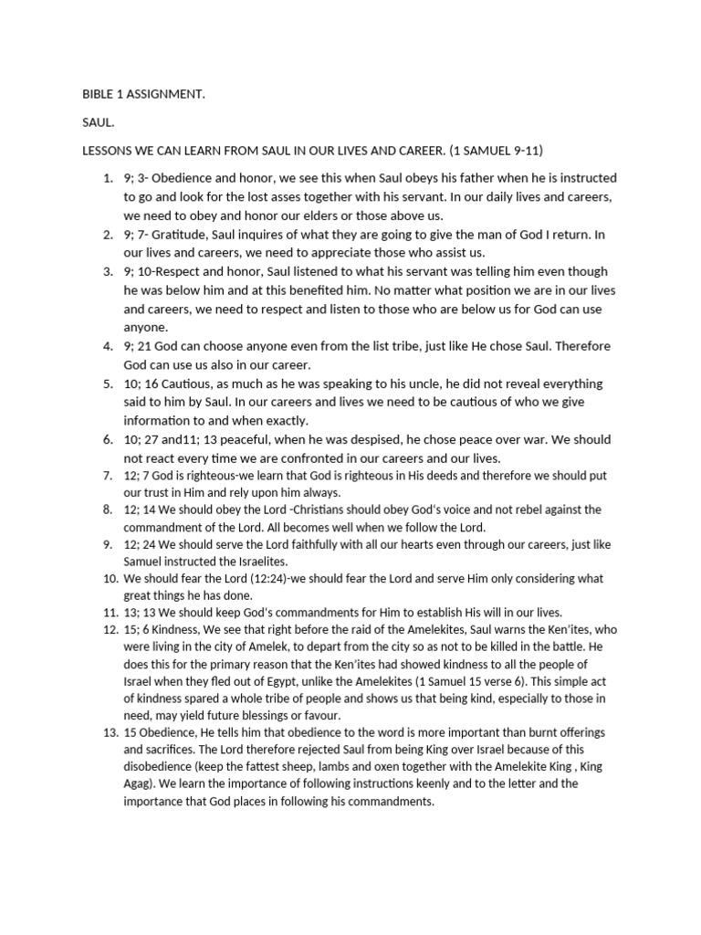 BIBLE 1 ASSIGNMENT -LESSONS LEARNT FROM THE STORY OF KING SAUL. | PDF | Books Of The Hebrew ...