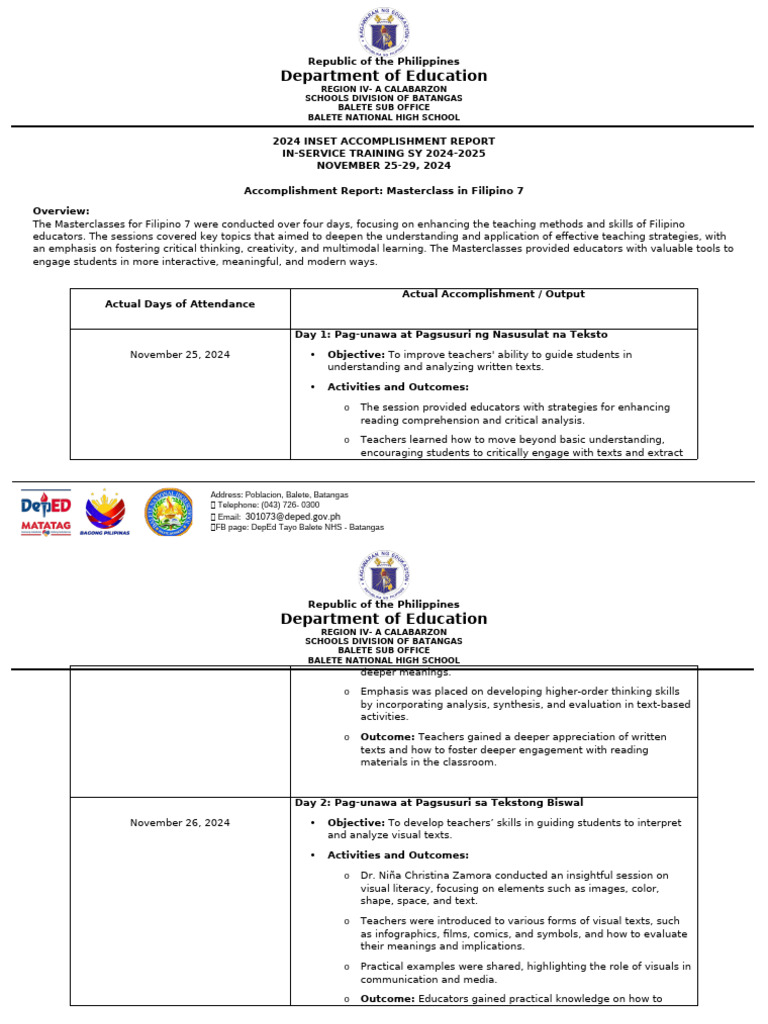 BNHS 2024 INSET Accomplishment Report Filipinoffffffffffff | PDF | Communication | Behavior ...