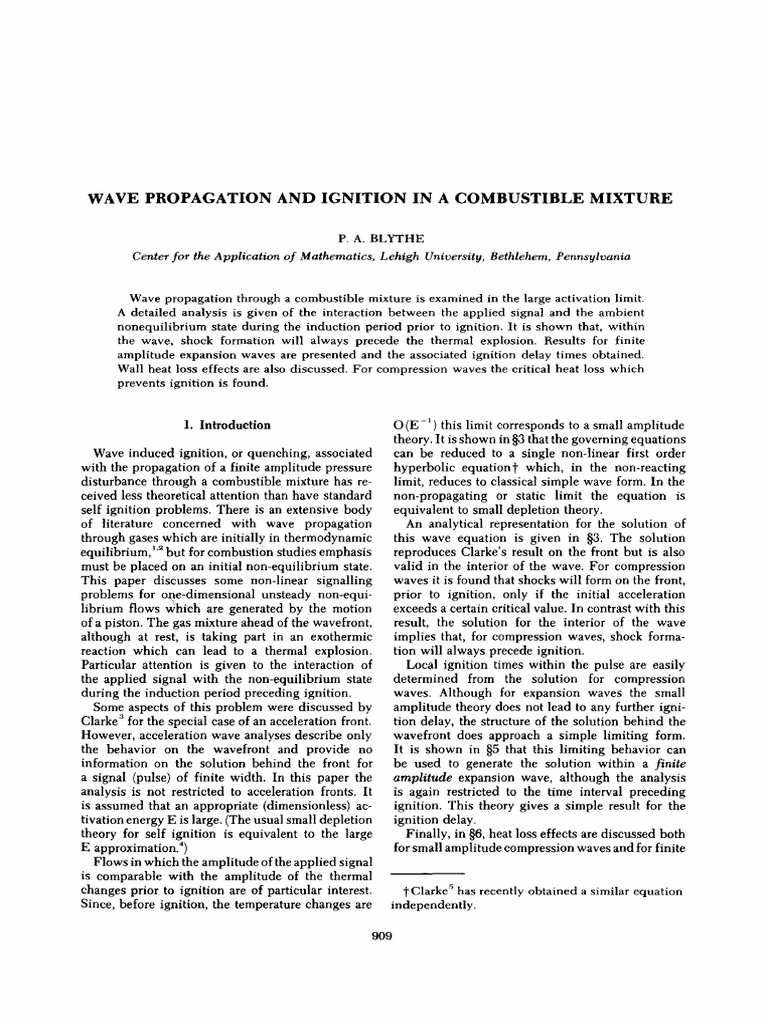Blythe - Wave Propagation and Ignition in A Combustible Mixture | PDF ...