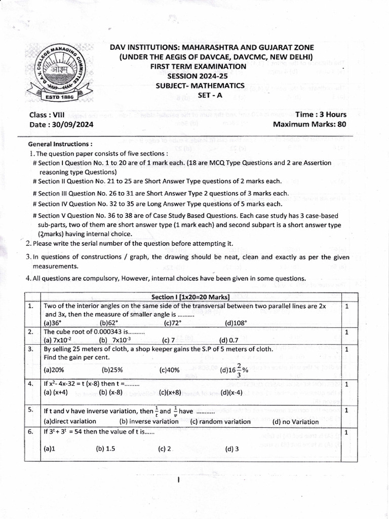 Class VIII Mathematics Exam Paper 2024 | PDF | Area | Elementary ...