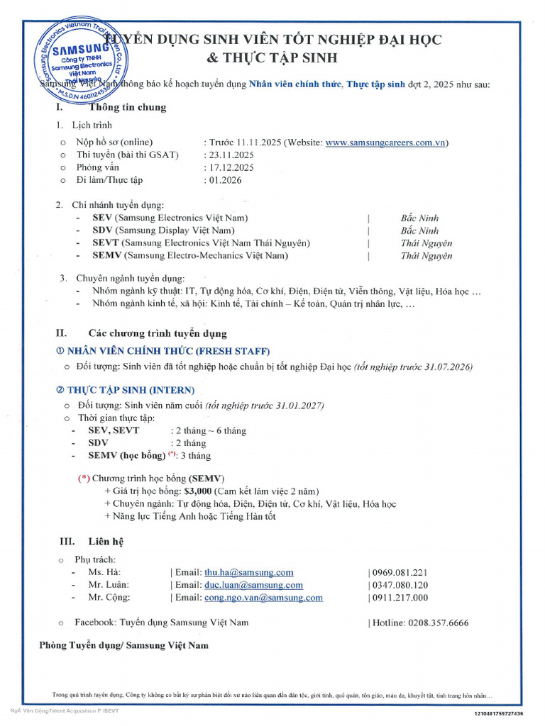 [Samsung] Thông Báo Tuyển Dụng Sinh Viên ĐH Đợt 2-2025 | PDF