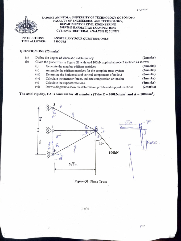 Structural Analysis Exam Questions CVE 409 | PDF | Truss | Bending
