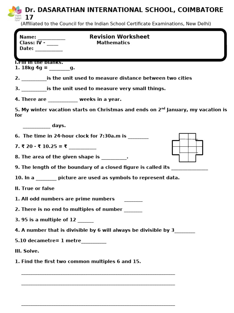 Math Revision Worksheet for Class IV | PDF | Mathematics