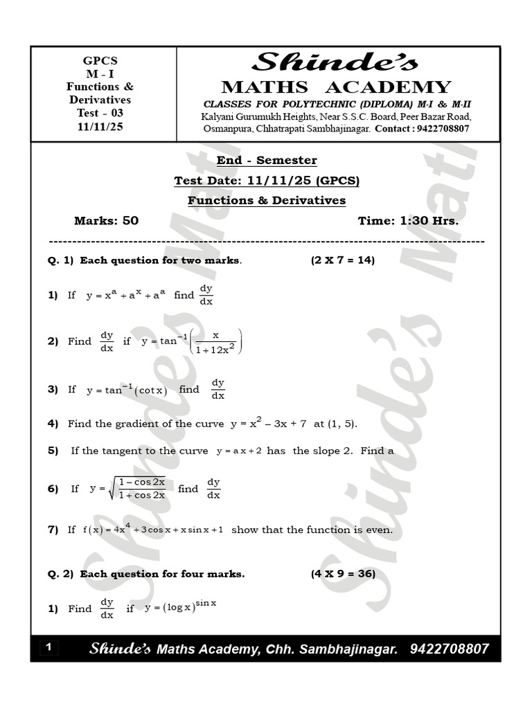 21) Q. Paper (GPCS) Functions & Derivatives (11 Nov. 25) | PDF ...