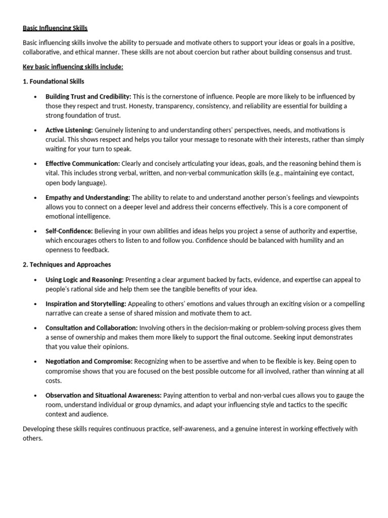 Essential Influencing Skills Guide | PDF | Goal | Persuasion