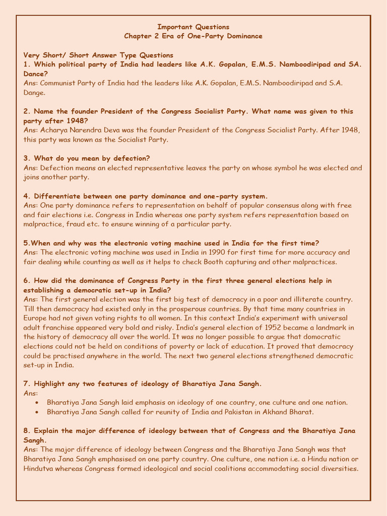 CH 2 Worksheet Era of One Party Dominance | PDF | Indian National ...