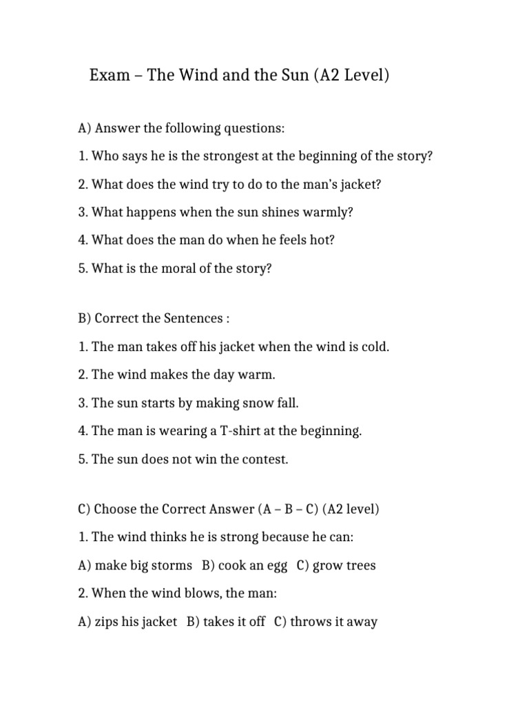 A2 Exam: The Wind and the Sun Quiz | PDF