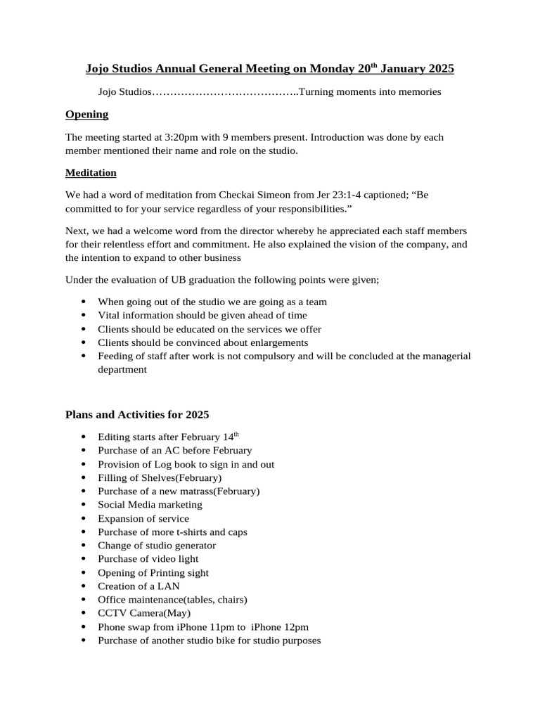 Jojo Studios Annual General Meeting on Monday 20th January 2025 | PDF