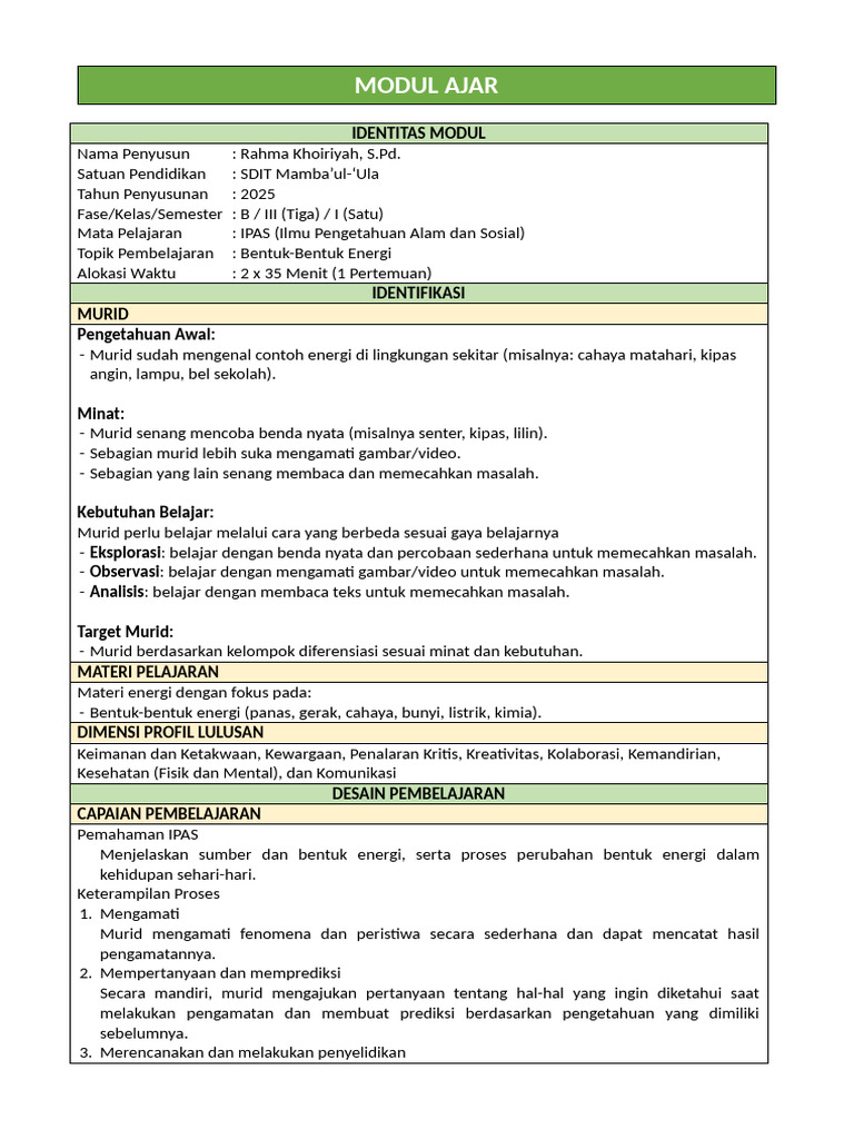Modul Ajar IPAS: Bentuk Energi SDIT | PDF