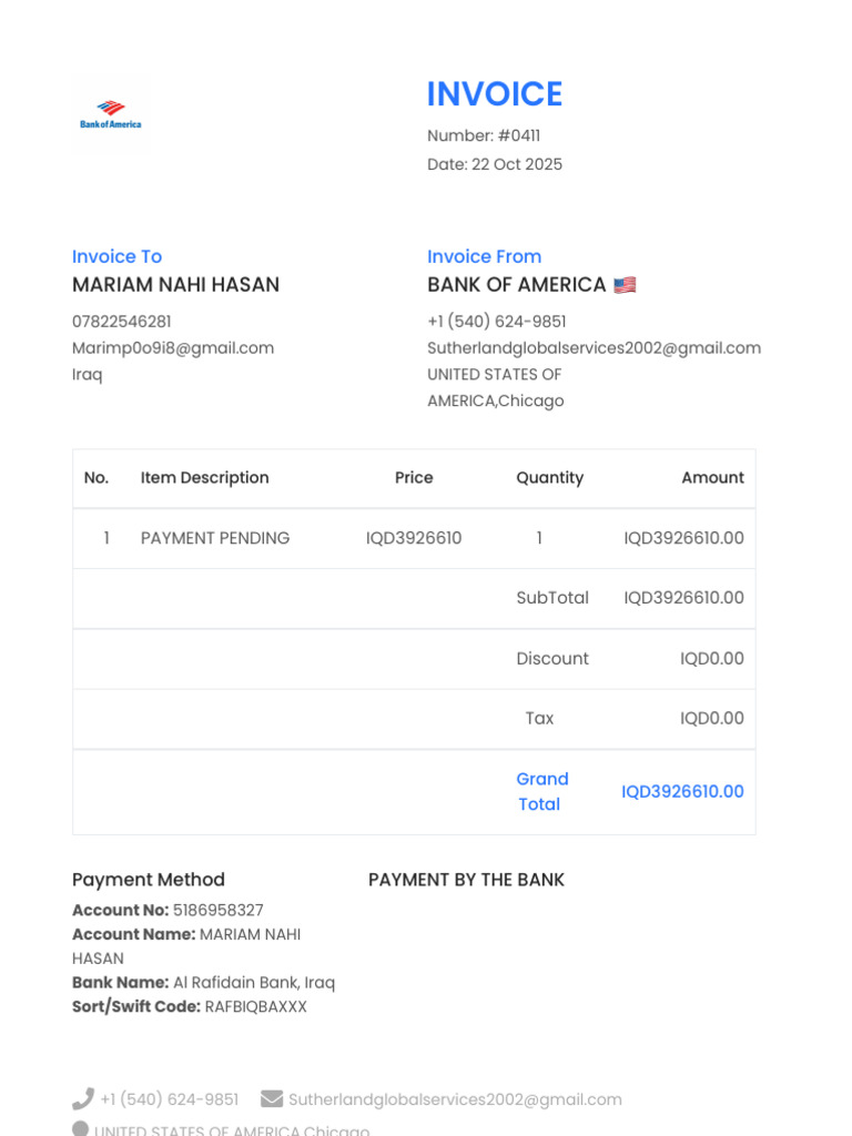 Invoice: Mariam Nahi Hasan Bank of America | PDF