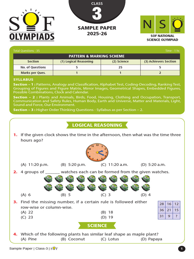 Class 3 Science Olympiad Sample Paper Pdf