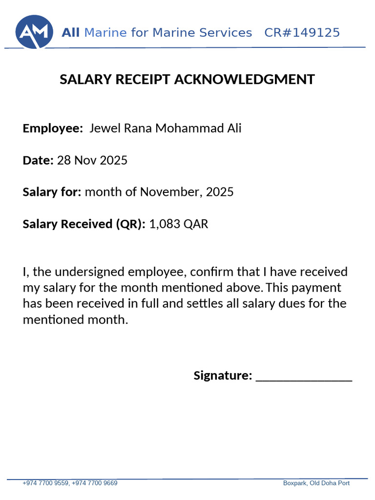 Salary Receipt Acknowledgment | PDF