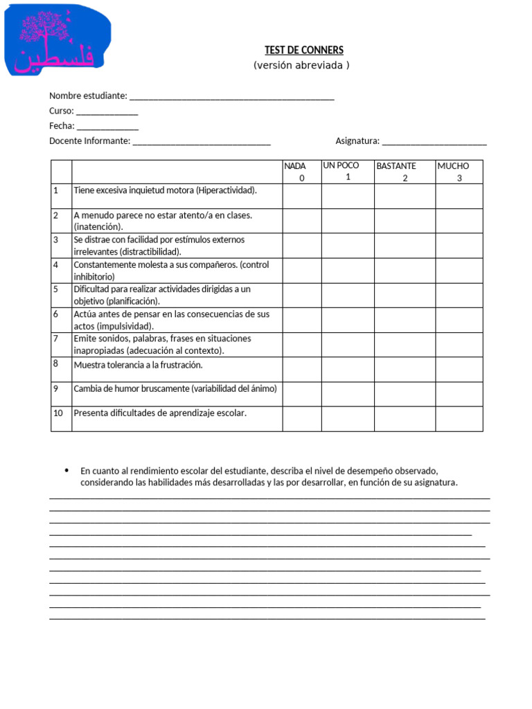 Test de Conners: Evaluación Escolar | PDF | Desorden hiperactivo y ...